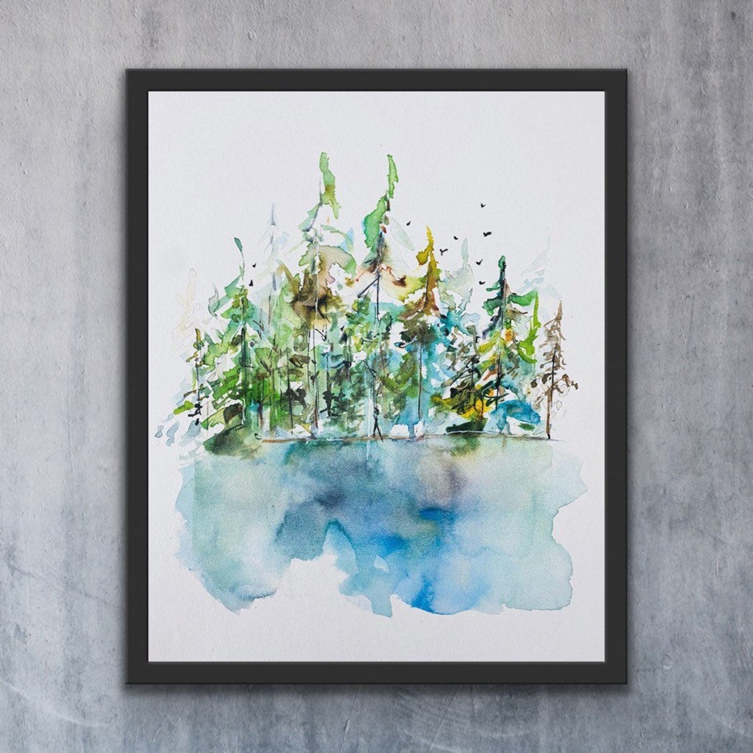 Abstract Colourful Trees and Water Watercolour Print, Earth Tones ...