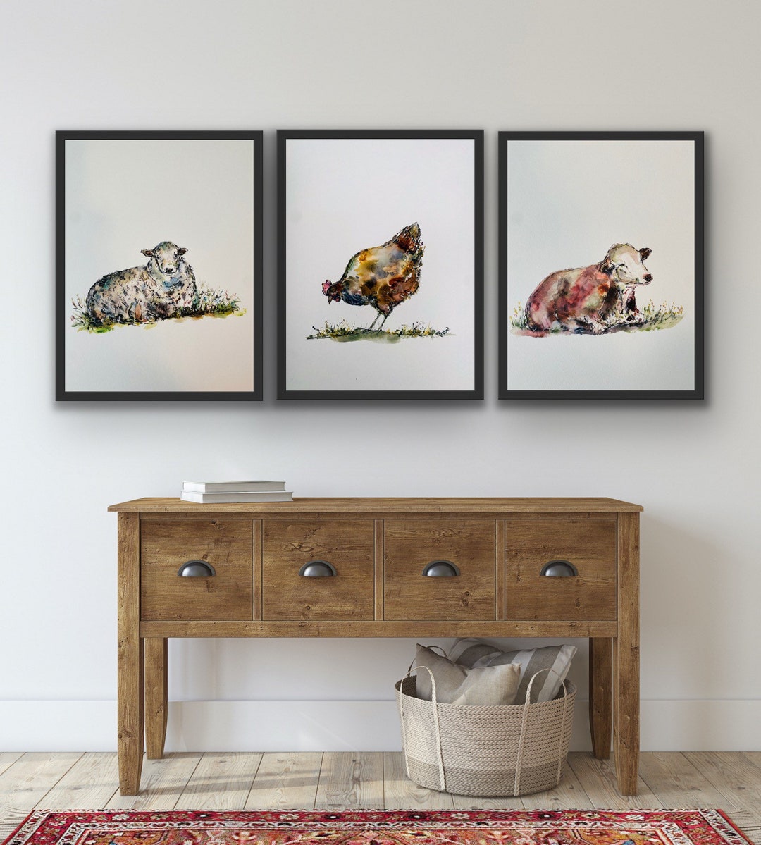 Trio of Farm Animal Prints, Cow Chicken and Sheep Watercolour ...