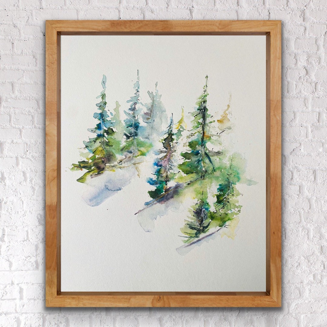 Trees on A Hill Watercolour Print, Watery Evergreen Print, Abstract ...