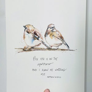 His Eye is on the Sparrow Watercolour Bird Print, Two Sparrows and ...