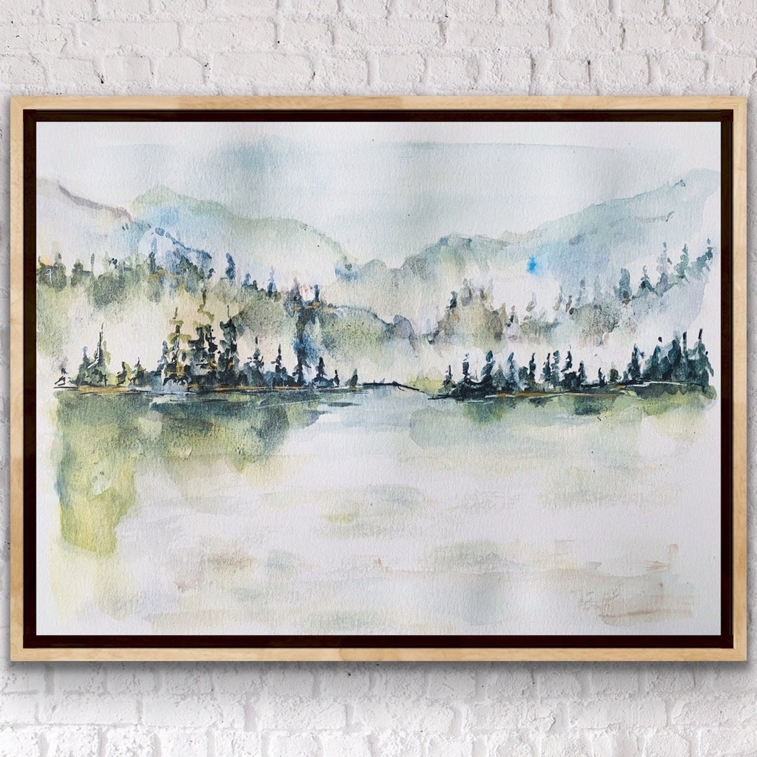 Rustic Landscape Wall Art, Lake and Mountains Vintage Watercolour Decor ...