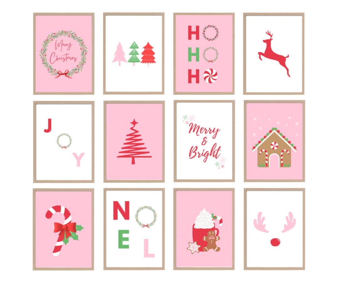 Set of 12 Pink Christmas Prints, Printable Christmas Art, Living Room ...