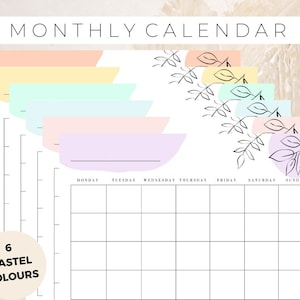 Colourful Blank Monthly Calendar Printable, Pastel Blank Monthly ...