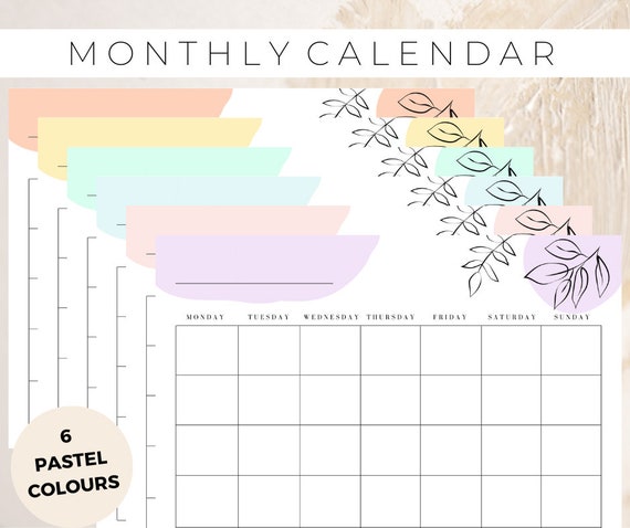 Colorful Blank Monthly Calendar Printable 2024 2030 Editable