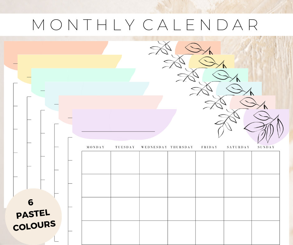 Colourful Blank Monthly Calendar Printable, Pastel Blank Monthly ...