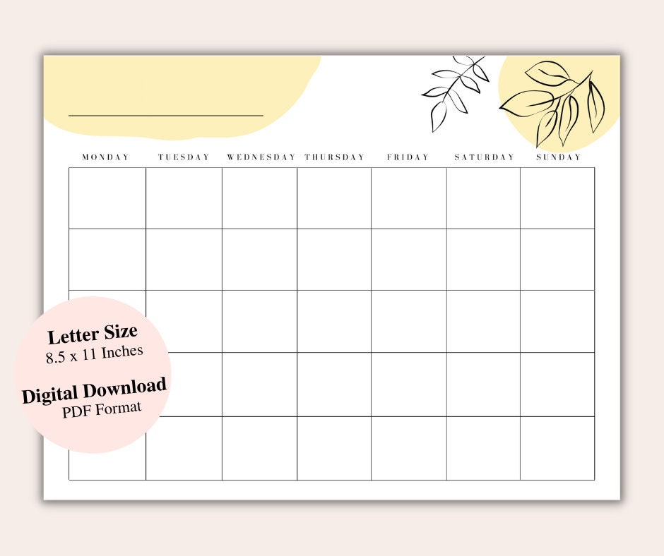 Colourful Blank Monthly Calendar Printable, Pastel Blank Monthly ...