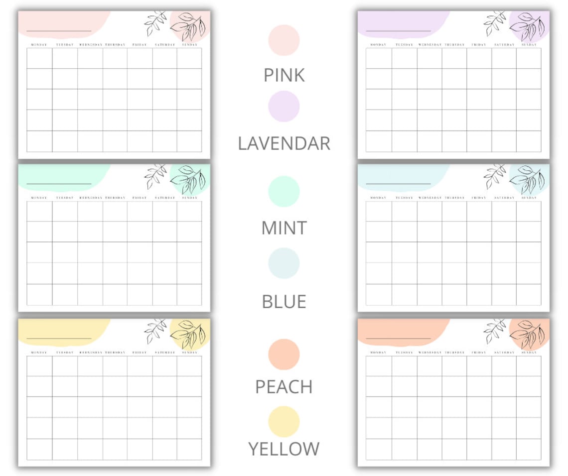 Colourful Blank Monthly Calendar Printable, Pastel Blank Monthly ...