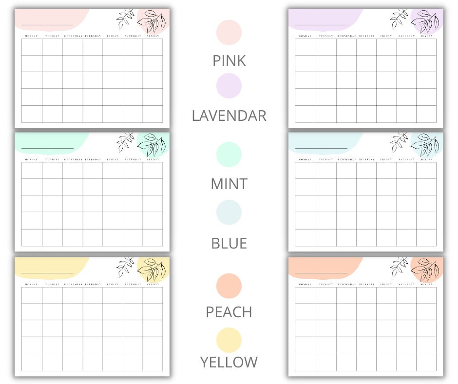 Colourful Blank Monthly Calendar Printable, Pastel Blank Monthly ...