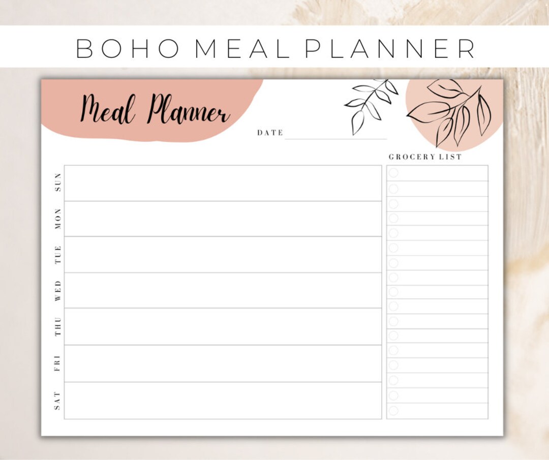 Boho Meal Planner & Grocery List Printable, Weekly Meal Planner ...