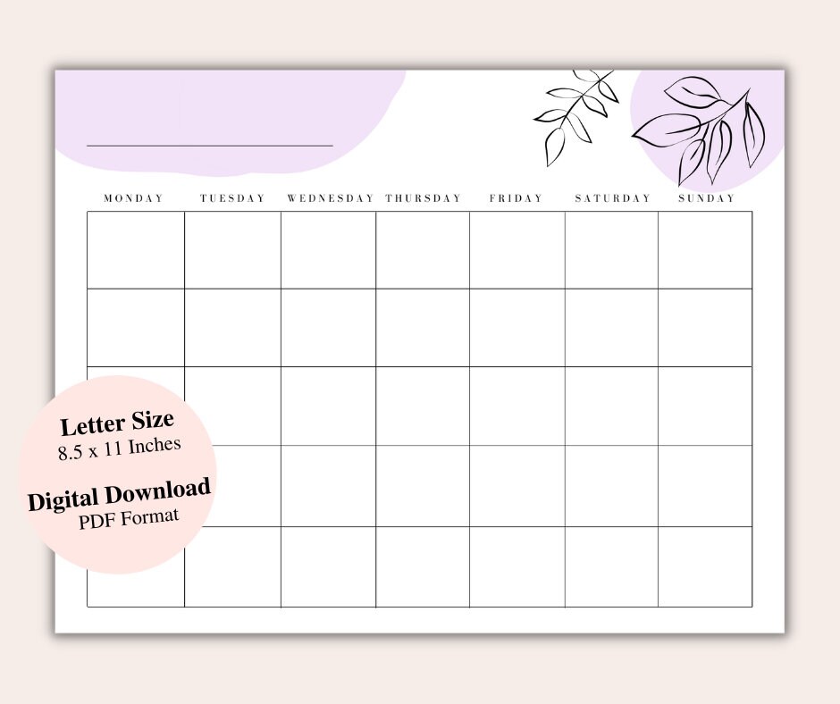 Colourful Blank Monthly Calendar Printable, Pastel Blank Monthly ...
