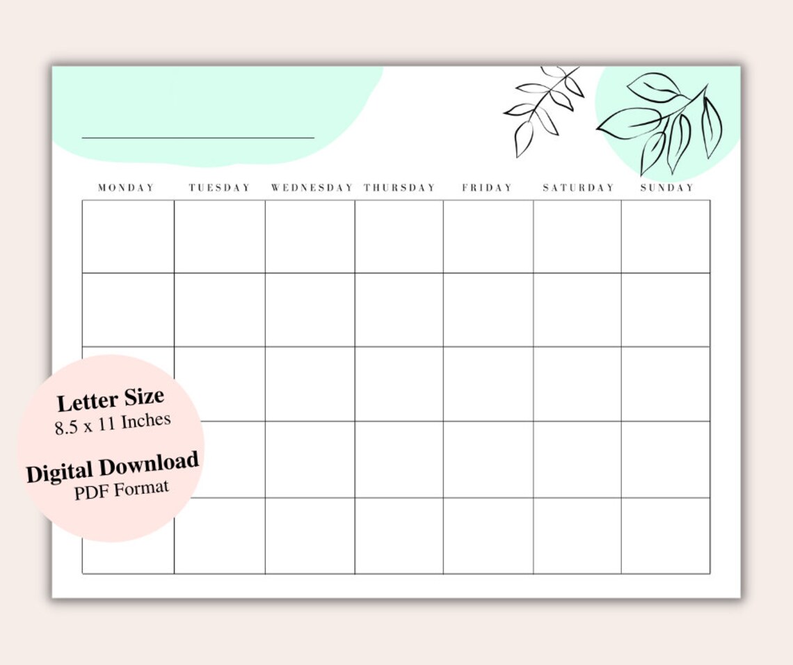 Colourful Blank Monthly Calendar Printable, Pastel Blank Monthly ...