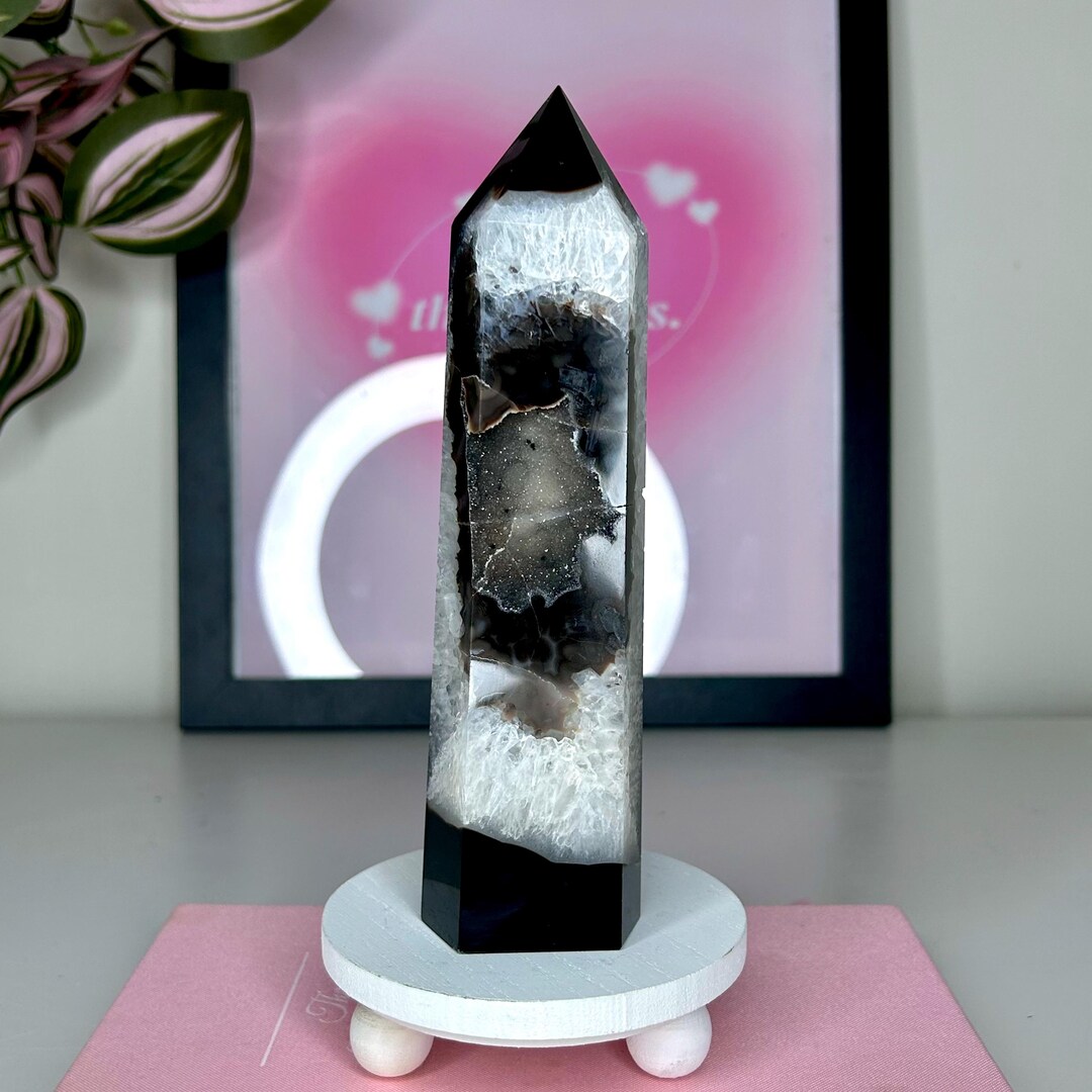 Rare XL Black Sugar Druzy Agate X Quartz Crystal Tower Point, 18 CM, 6 ...