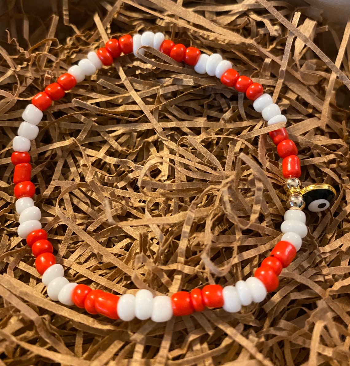 Black-n-gold Evil Eye W/red Coral & White Seed Beads Azabache ...