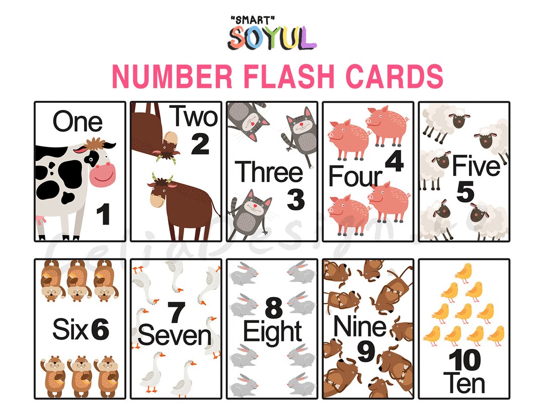 Animal Number Flash Cards, Set of Ten, Number Flash Cards, Learning ...