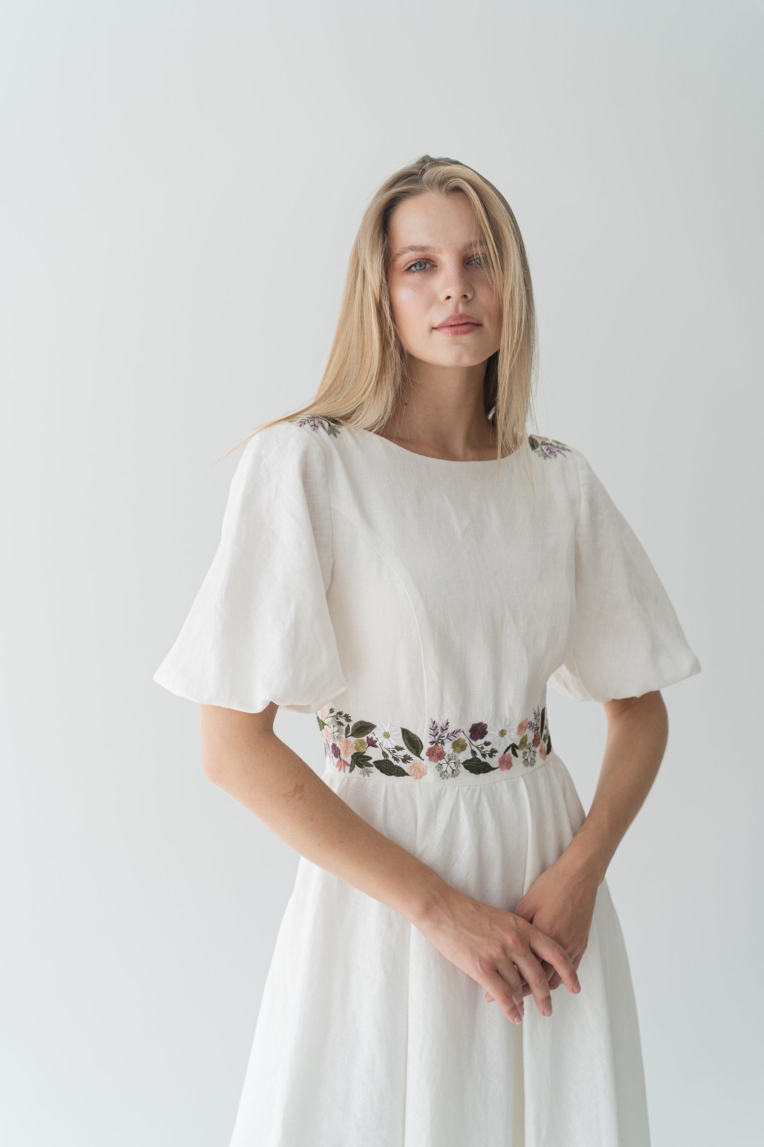 Floral Linen Wedding Dress, Boho Embroidered Wedding Dress, Modern ...