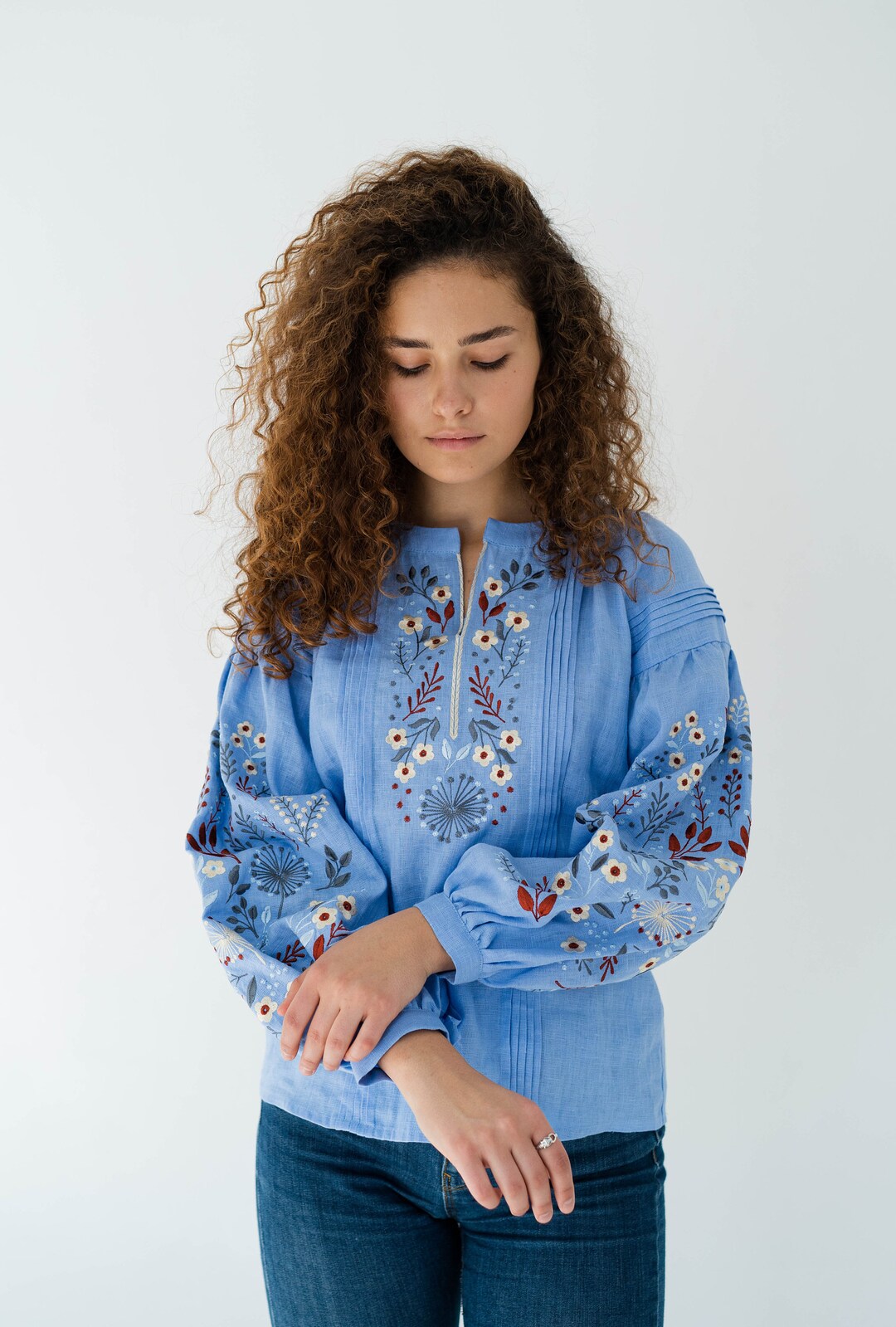 Blue Linen Embroidered Blouse, Ukrainian Vyshyvanka Blouse, Wildflower ...