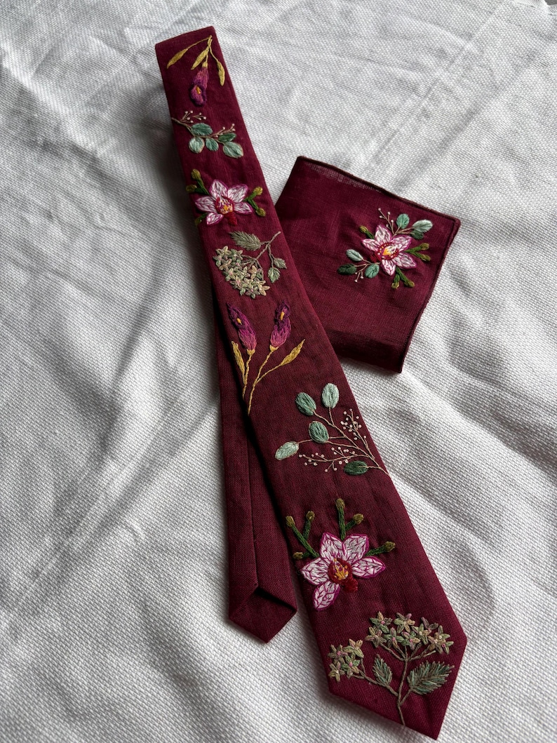 Custom Floral Embroidered Tie, Wildflower Tie for Groom, Flower Wedding ...