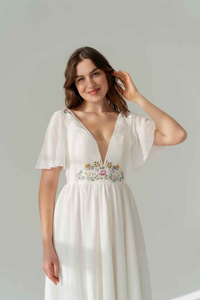 Colorful Floral Wedding Dress Backless, Hand Embroidered Wildflower ...