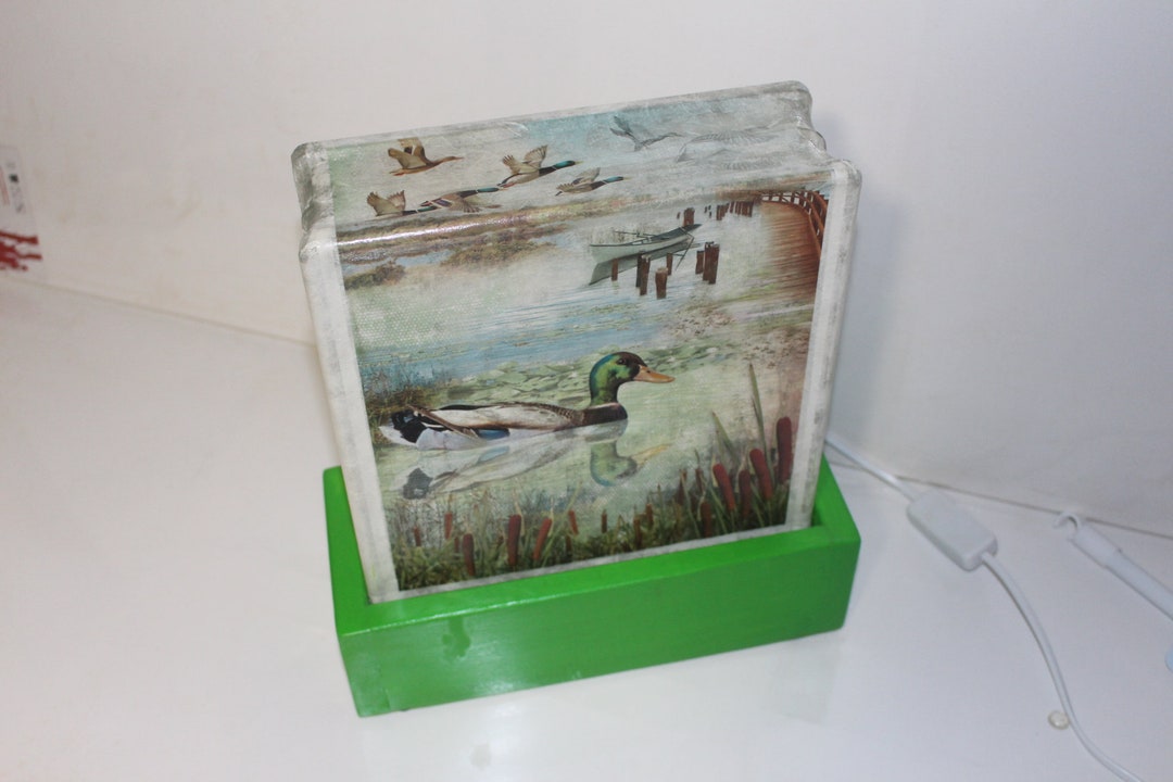 Glass Block Lamp, Decoupage Technique, Wooden Base - Etsy