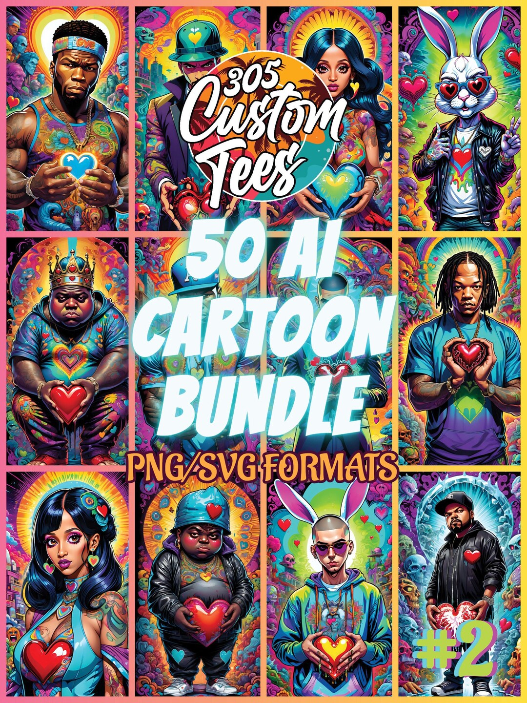 50 Cartoon Style Designs, Famous Rappers AI Bundle, Prints, Posters ...
