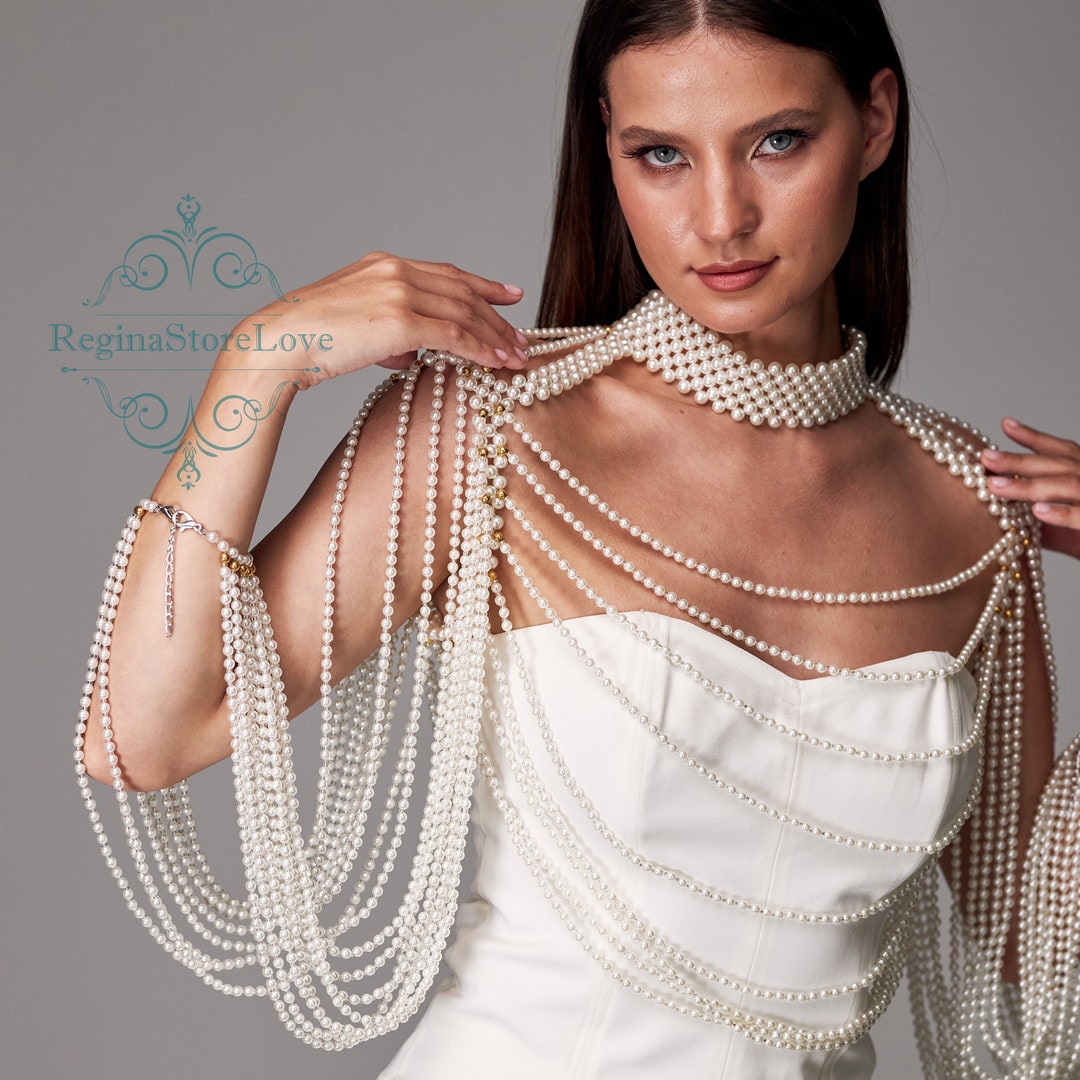 Pearl Body Chain Bra, Pearl Necklace Choker Layer, Pearl Body Jewelry ...