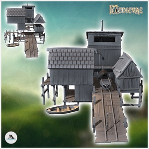 Medieval Port Village With Boat Ramp and Houses (1) - STL 3D Print Dark ...