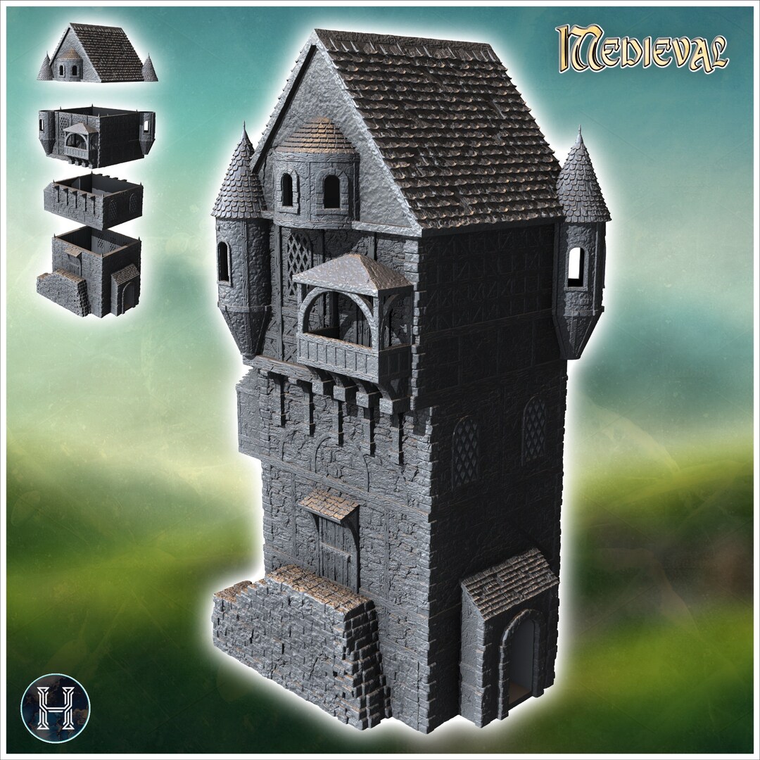 Medieval Building With Corner Towers STL 3D Print Dark Gothic Feudal ...