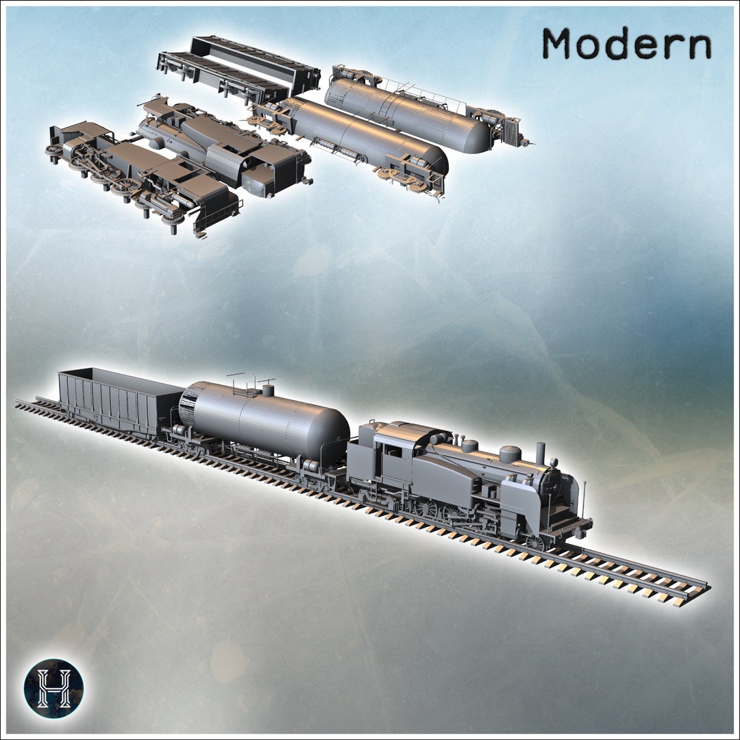 Modern Railway Convoy With Locomotive, Tanker Car, Freight Car, and ...
