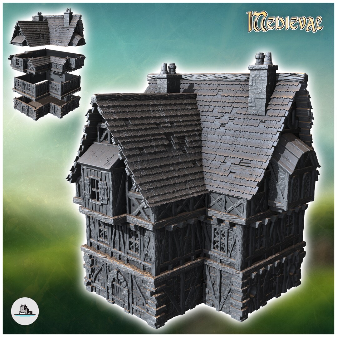 Medieval Half-timbered Stone House With Wooden Oriel STL 3D Print Dark ...