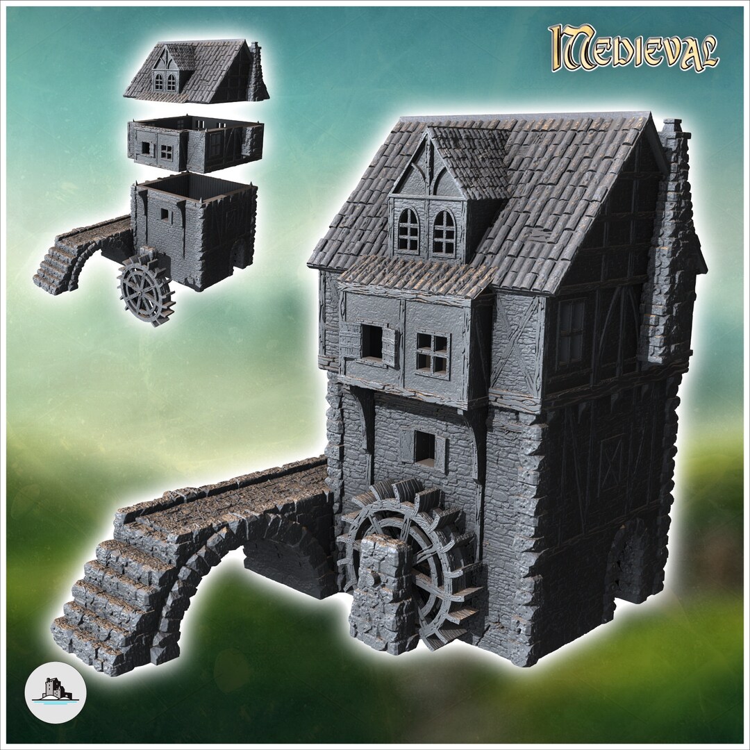 Medieval Mill With Stone Bridge - STL 3D Print Dark Gothic Feudal Old ...