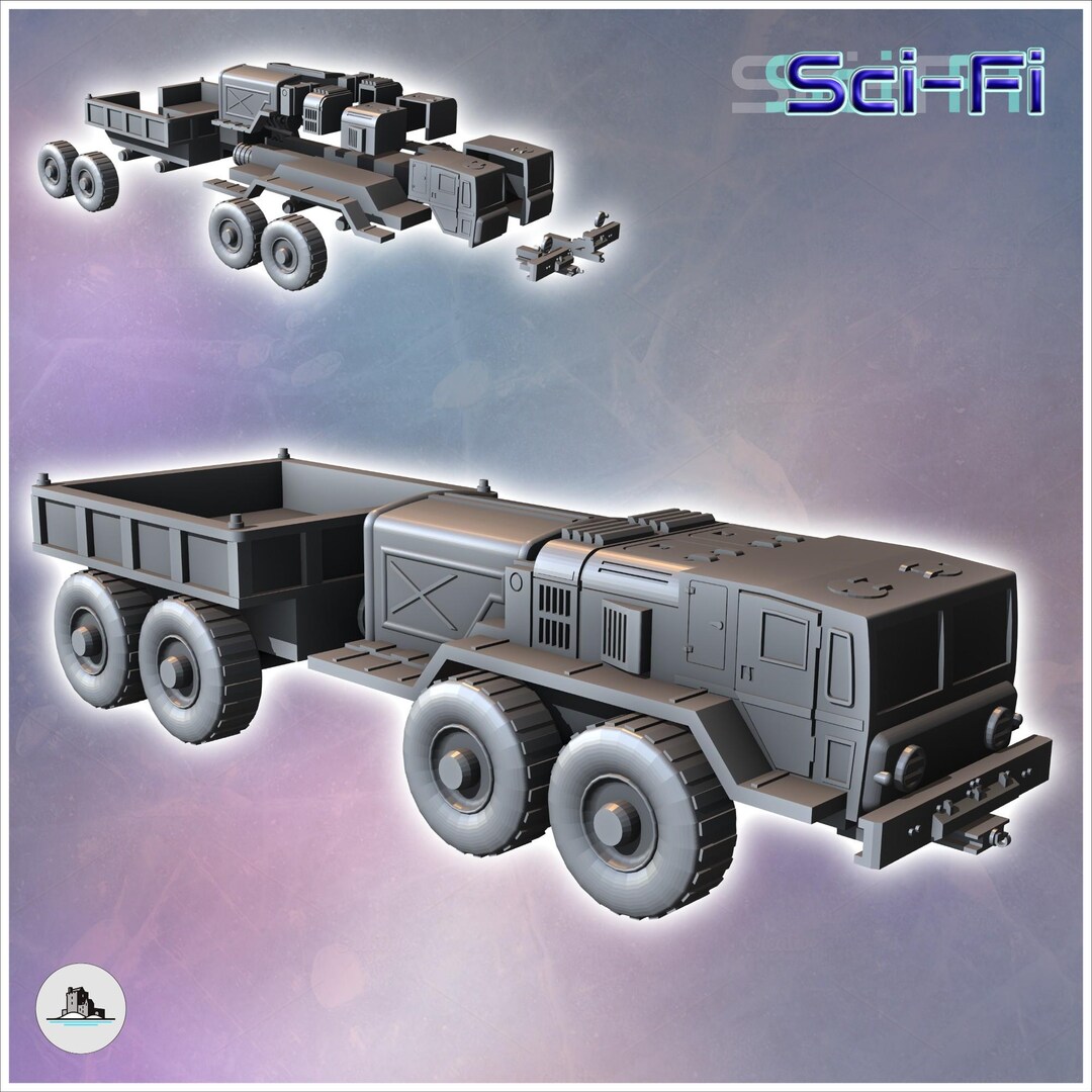 Futuristic Eight-wheel Truck With Rear Trailer and Mid-engine (9) - STL ...