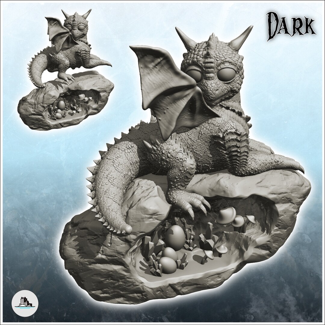 Baby Winged Dragon Sitting on Rock and Mushrooms (11) - STL 3D Printing ...