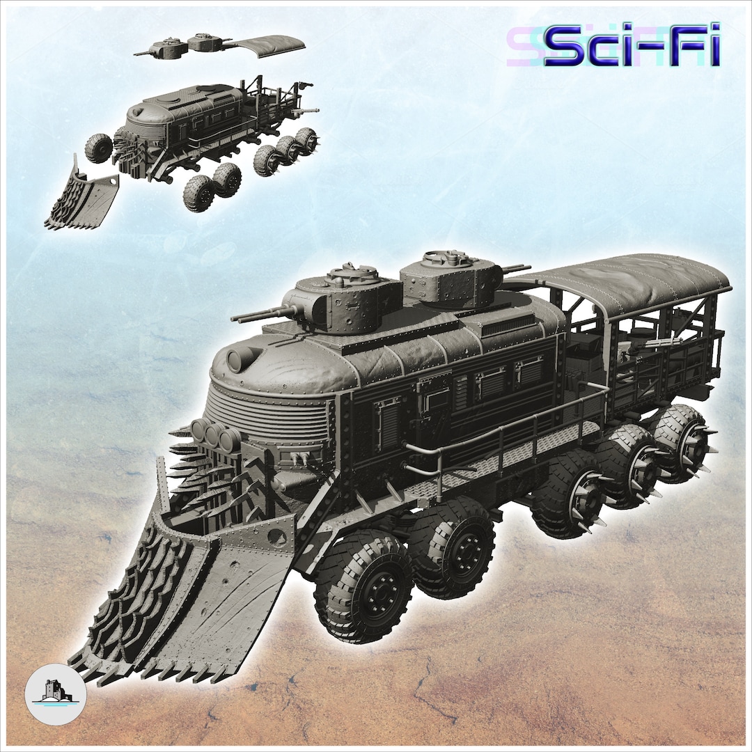 Post-apo Train on Wheels With Armoured Turrets STL 3D Printing Model SF ...