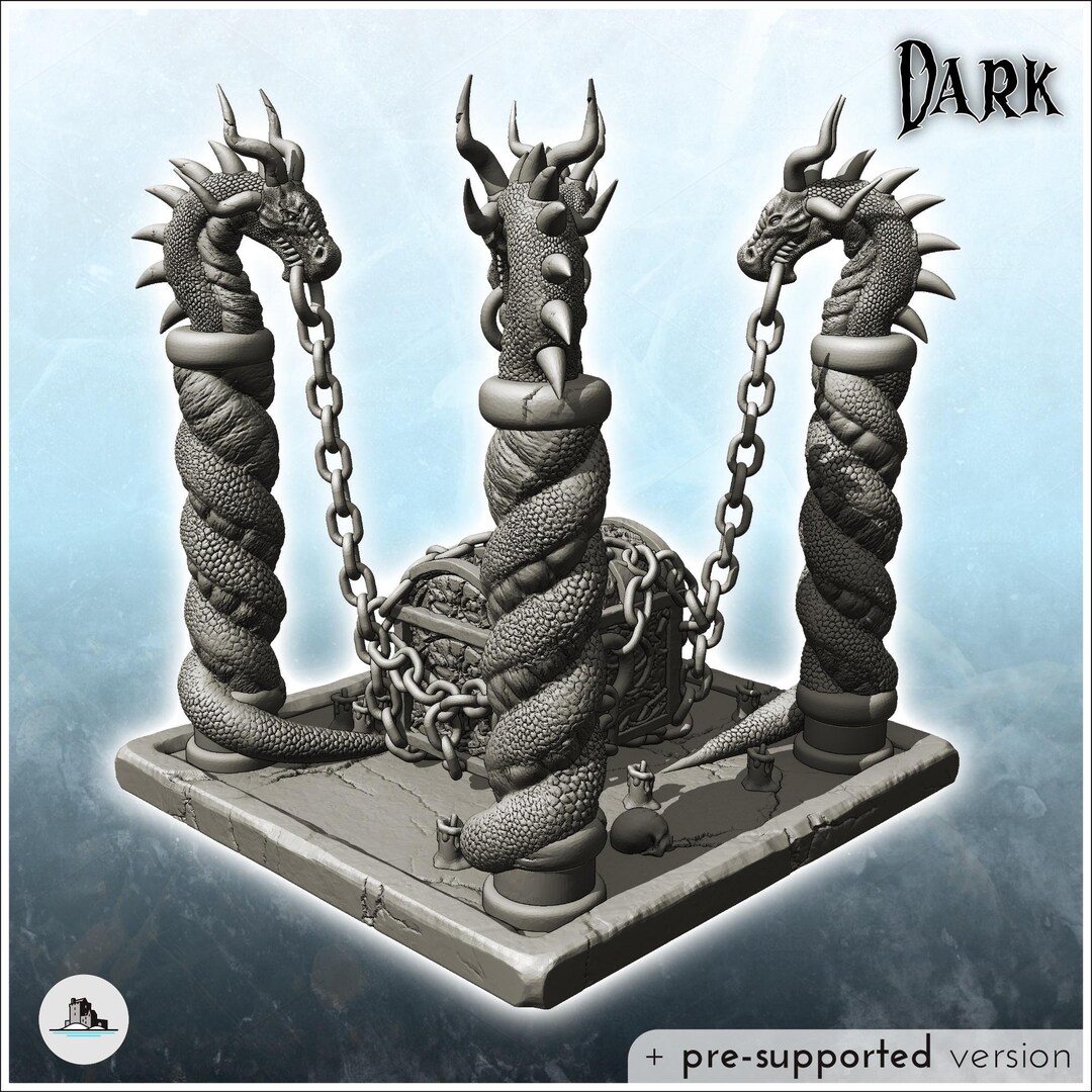 Treasure Chest With Chains Connected to Columns With Dragon Heads (4 ...
