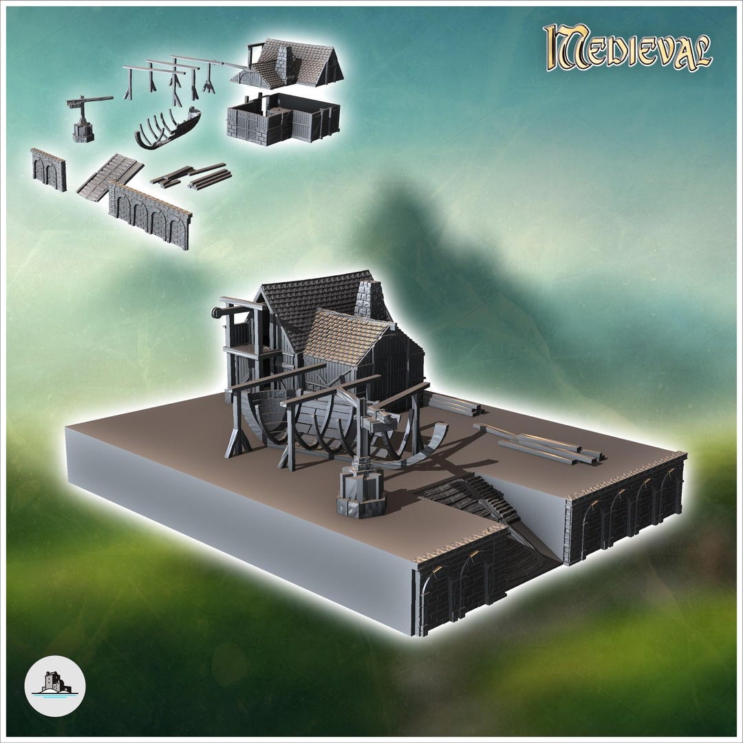 Medieval Shipbuilding Workshop With Wooden Boat Parts Under ...