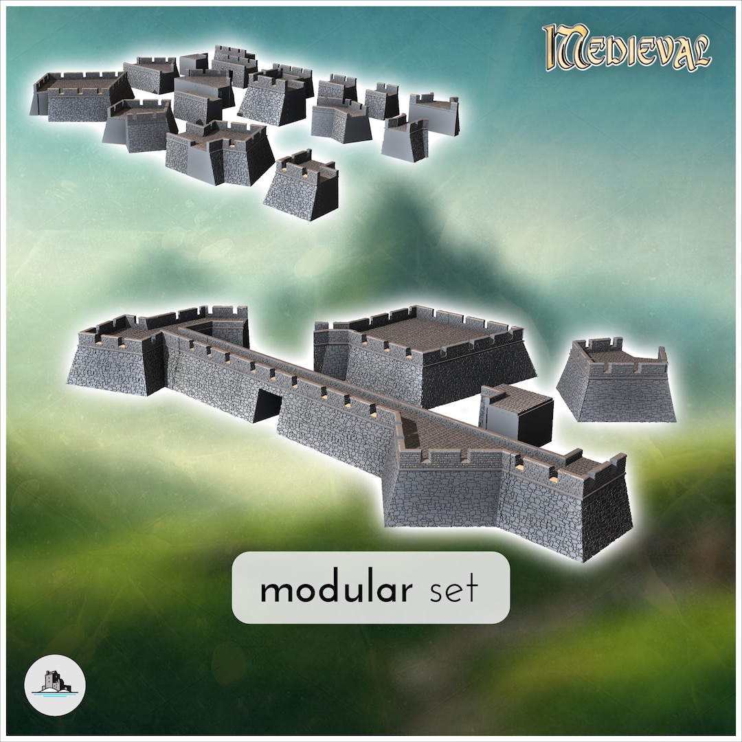 Modular Set of Stone Defensive Walls With Forts (2) - STL 3D Print Dark ...