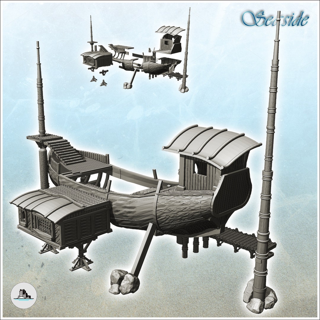 Dwelling in Wooden Boat Hull With Masts and Pontoons (1) - STL 3D ...