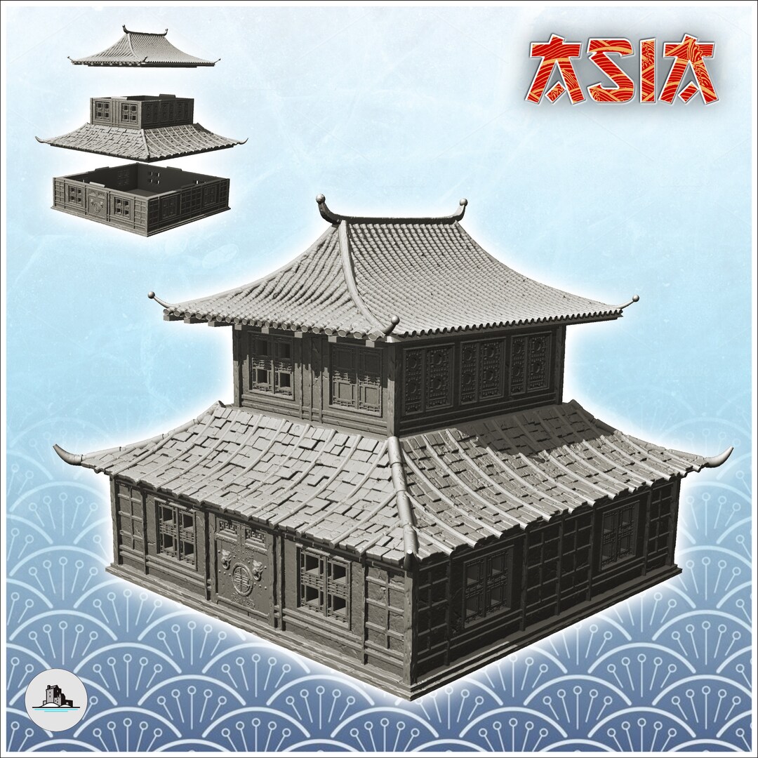Asian Building With Double Roofs and Door - STL 3D Printing Asian Japan ...