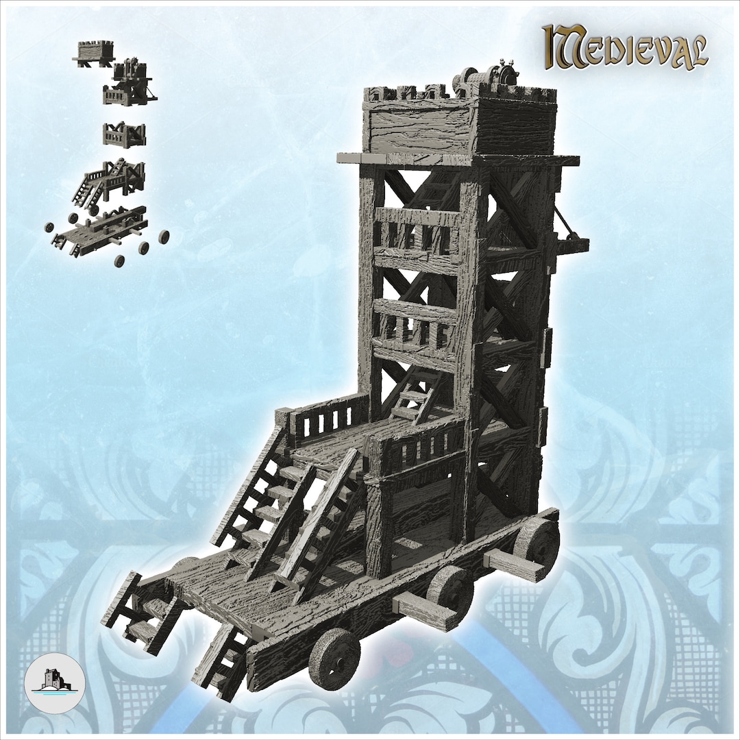 Wooden Siege Tower With Six Wheels and Multiple Floors (15) - STL 3D Print Dark Gothic Feudal ...