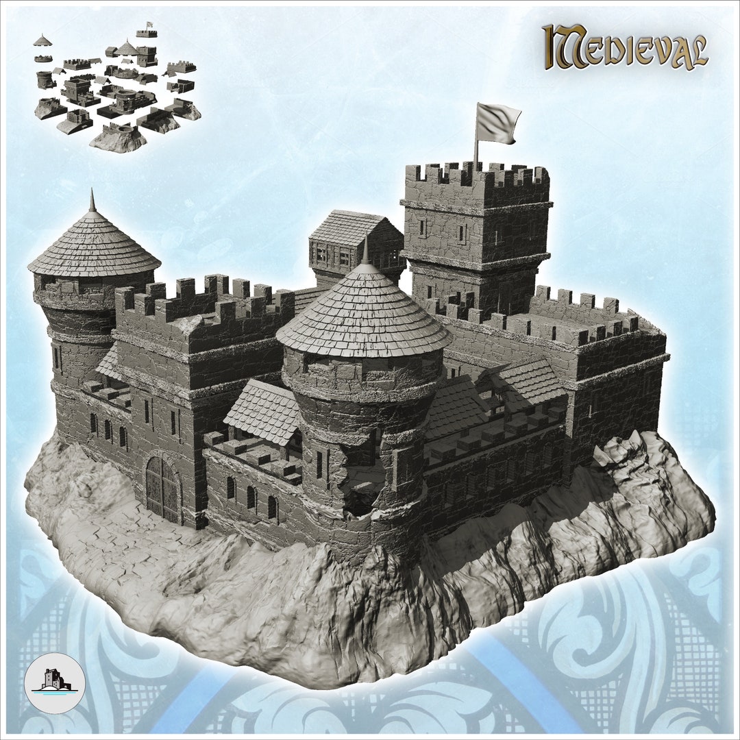 Large Damaged Castle With Double Towers and Keep With Flag (18) - STL ...