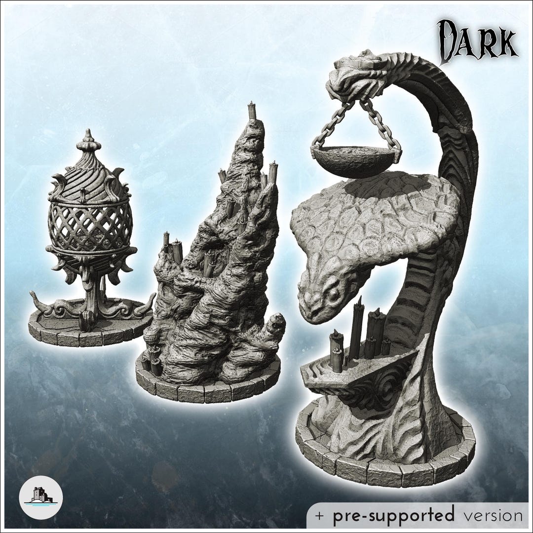 Set of Three Evil Totems With Snake-shaped Torches and Candles (8 ...