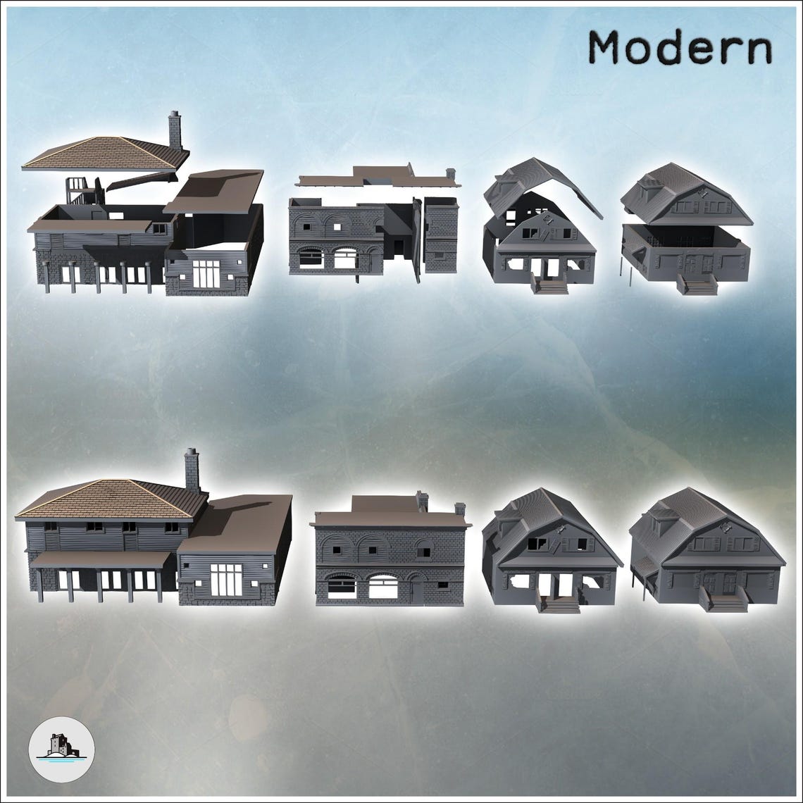 Set of Four Modern Houses With a Chimney, Brick Walls, and Entrance ...