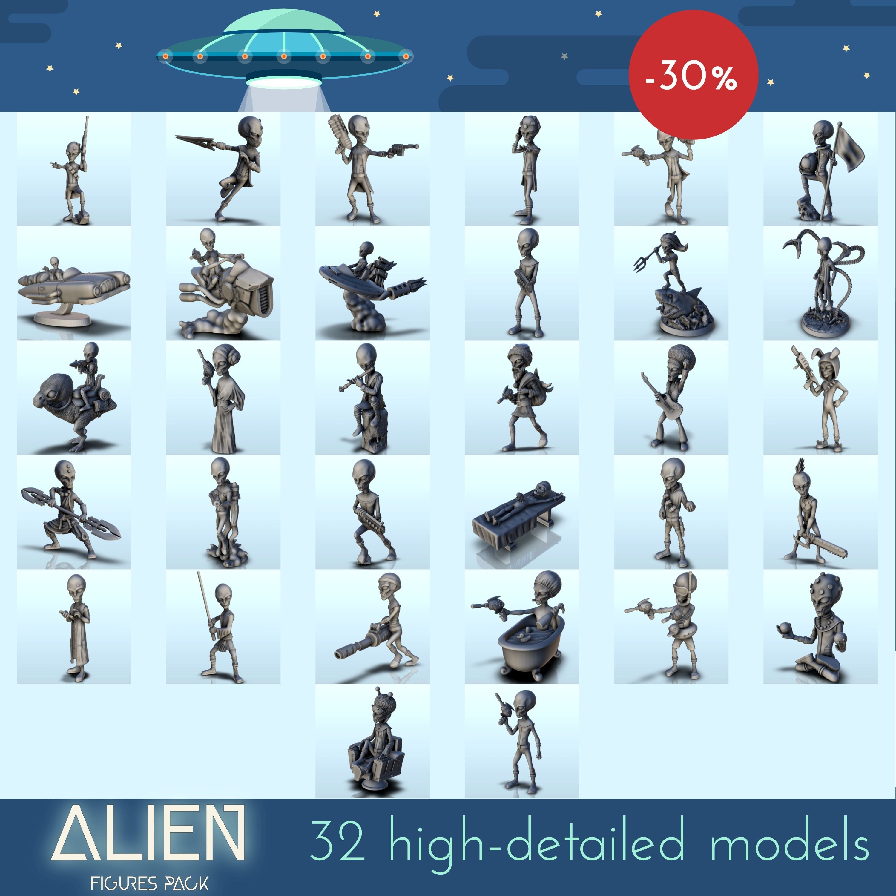 Pack of Alien Figures STL 3D Printing E.T. ET Monster War - Etsy