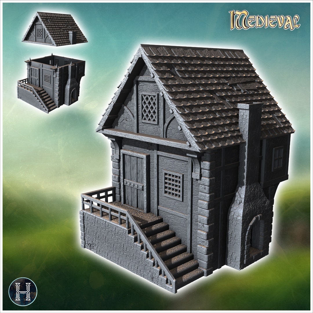 Medieval House With Fireplace, Half-timbered Walls - STL 3D Print Dark ...