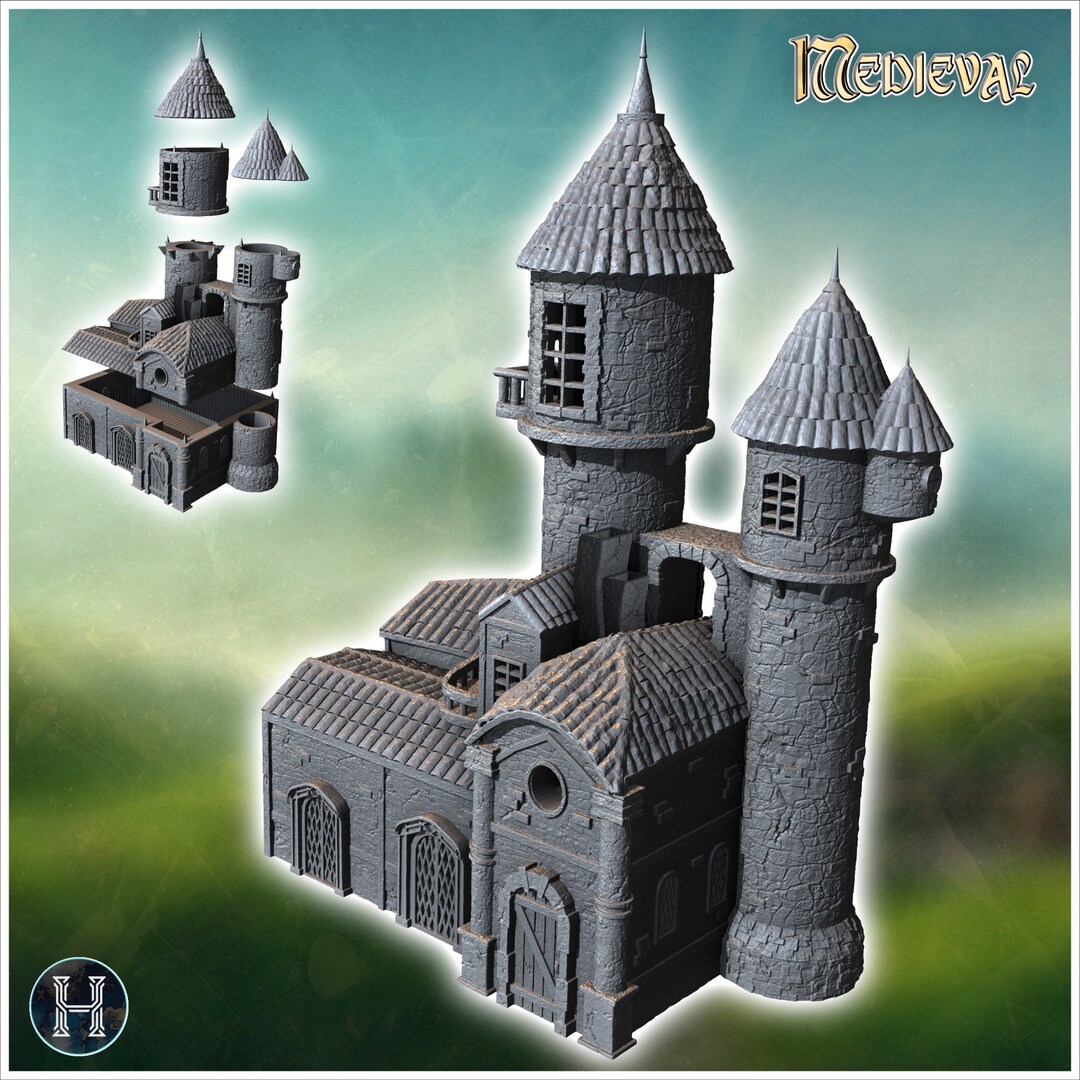 Medieval Building With Carved Doors, Double Towers - STL 3D Print Dark ...