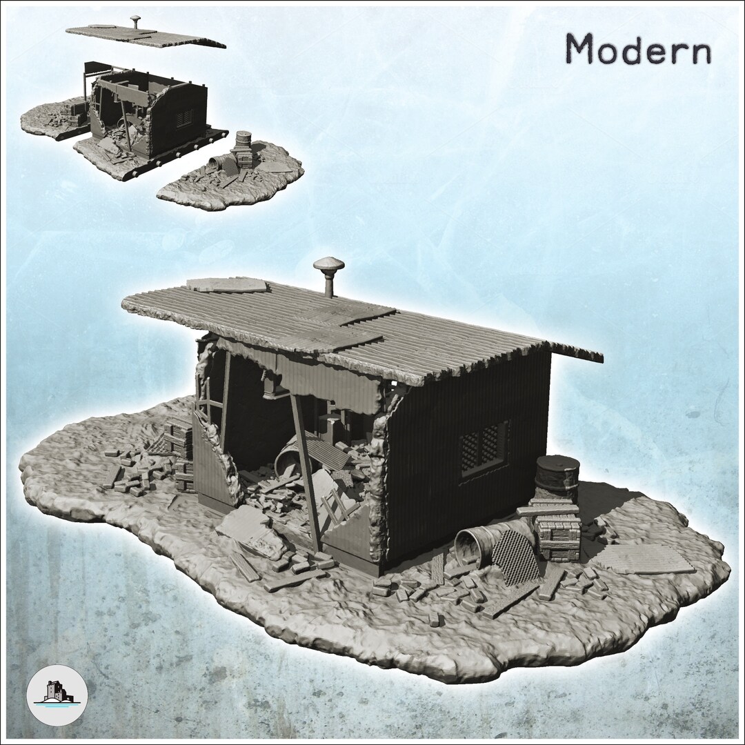 Modern Building Ruin Made of Sheet Metal With Metal Chimney and Barrel ...