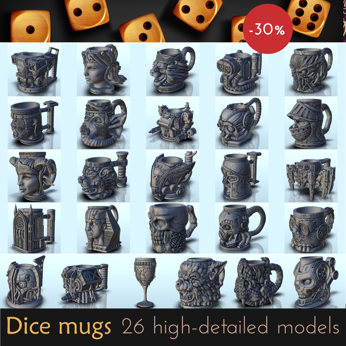 Dice Mugs Full Pack 3D STL Printing Print Model Digital - Etsy