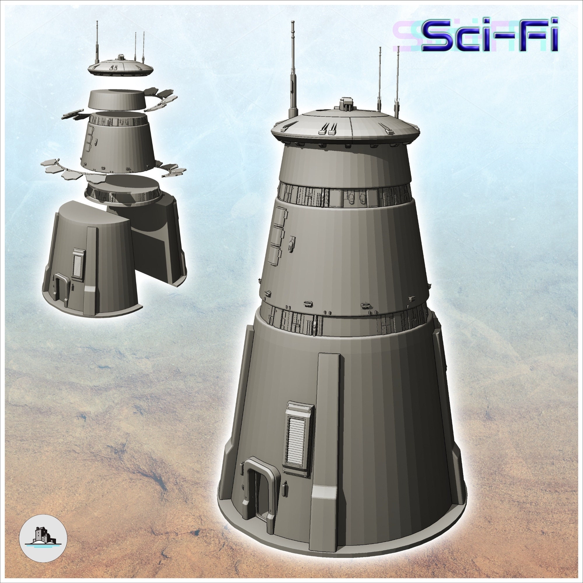 Futuristic Round Cone Tower With Roof Antennas and Air Vents (4) - STL ...