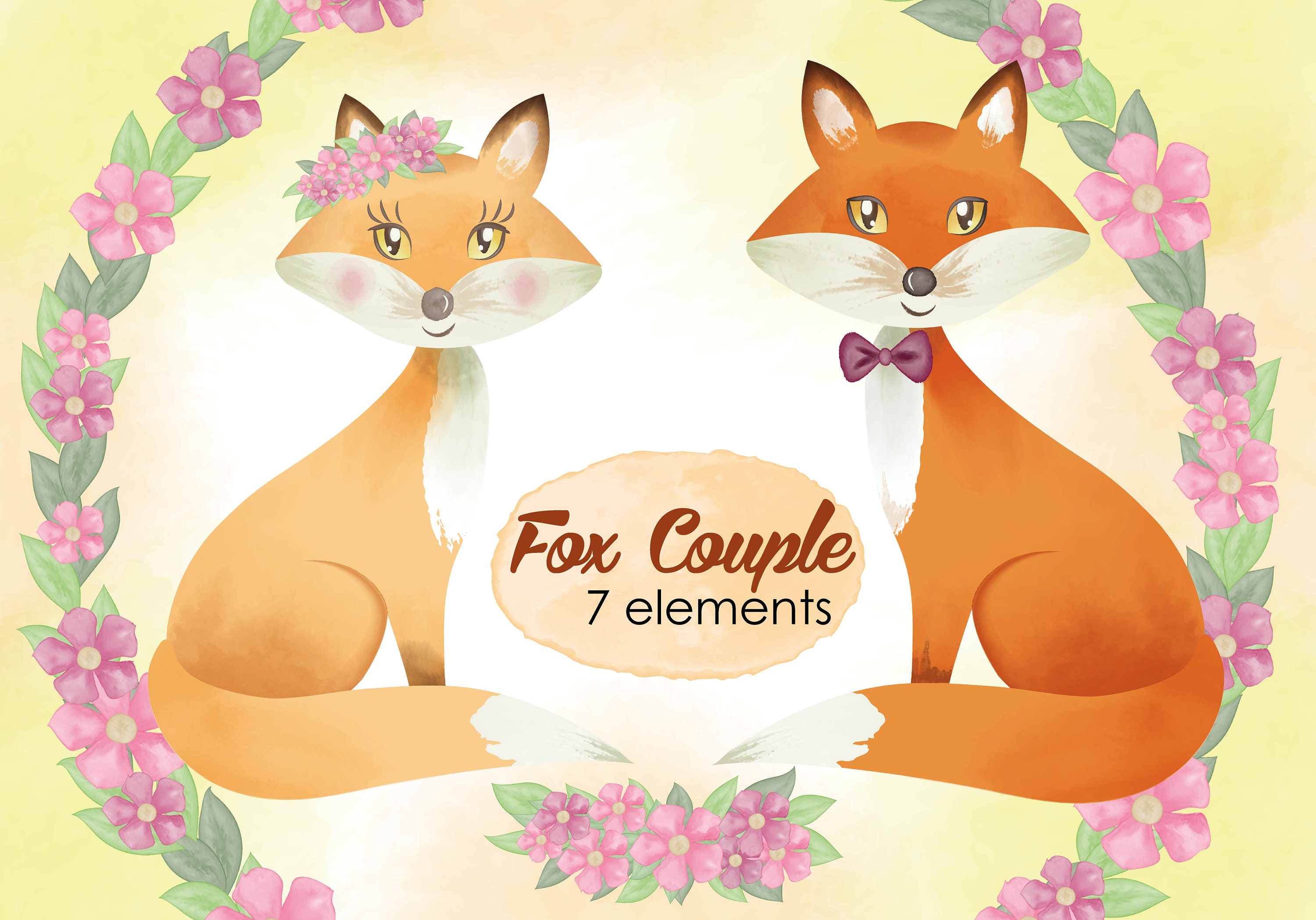 Cute Fox Couple Clipart Set with 7 elements | Etsy
