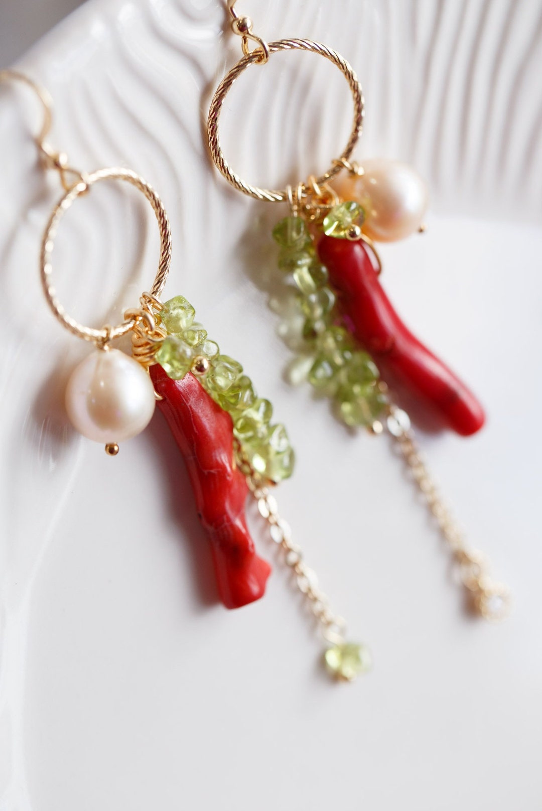 Caroline Coral Gemstone Cluster Loop Earrings - Etsy